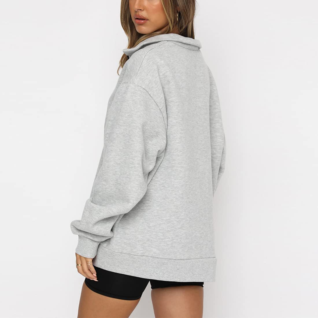 SAFRISIOR Women’s Oversized Half Zip Sweatshirt Drop Shoulder Long Sleeves Collar Quarter 1/4 Zipper Pullover Grey