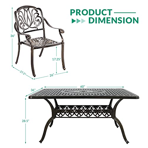 VIVIJASON 7 Pieces Cast Aluminum Outdoor Furniture Dining Set, Include 6 Chairs and a Rectangle Table with 2" Umbrella Hole, Patio Conversation Set for Lawn Garden Porch