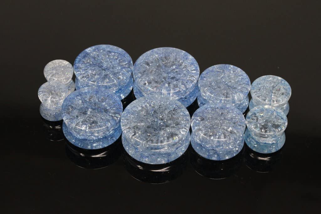 Pair 9/16" (14MM) BLUE SHATTERED GLASS PLUGS Double Flare Gauges Cracked Organic Tunnels (2pcs)