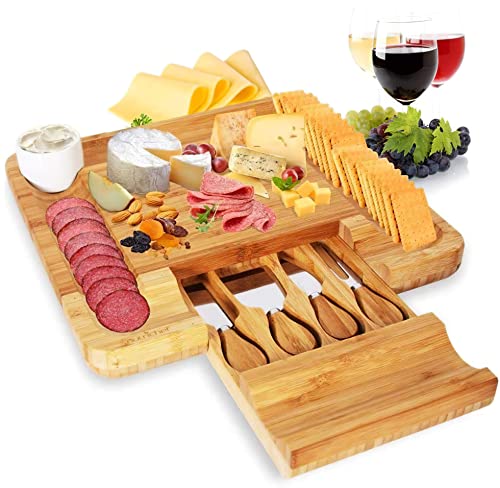 NutriChef Bamboo Natural Cheese Board Set with Bonus Condiment Cup-Extra Large Size 100% Home Organic Wooden Plate and Charcuterie Tray with 4 pcs Cutting Knife Slicer, 13" Square