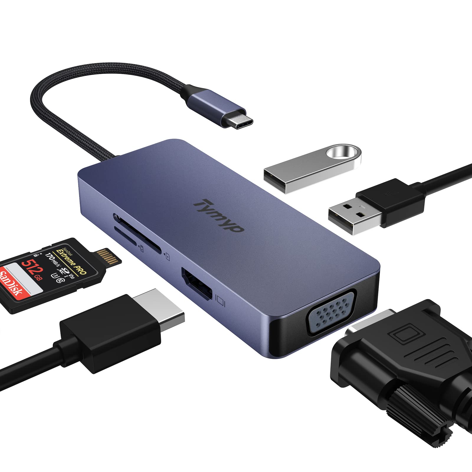 Tymyp USB C Hub, 6 in 1 USB C Adapter (USB2. 0 * 2+HDMI+VGA+SD/TF) Typ C USB Konvertierungs Hub. Kompatibel mit Laptop/MacBook Pro/Air Pad Pro Adapter Surface Pro 8