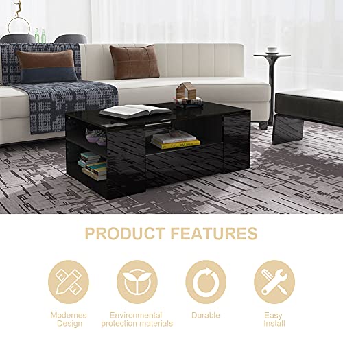 Modern Coffee Table, High Gloss Cocktail Coffee Table Contemporary Glossy End Table Rectangle Design with Drawers and Storage Shelf for Home Living Room Office Furniture, Black