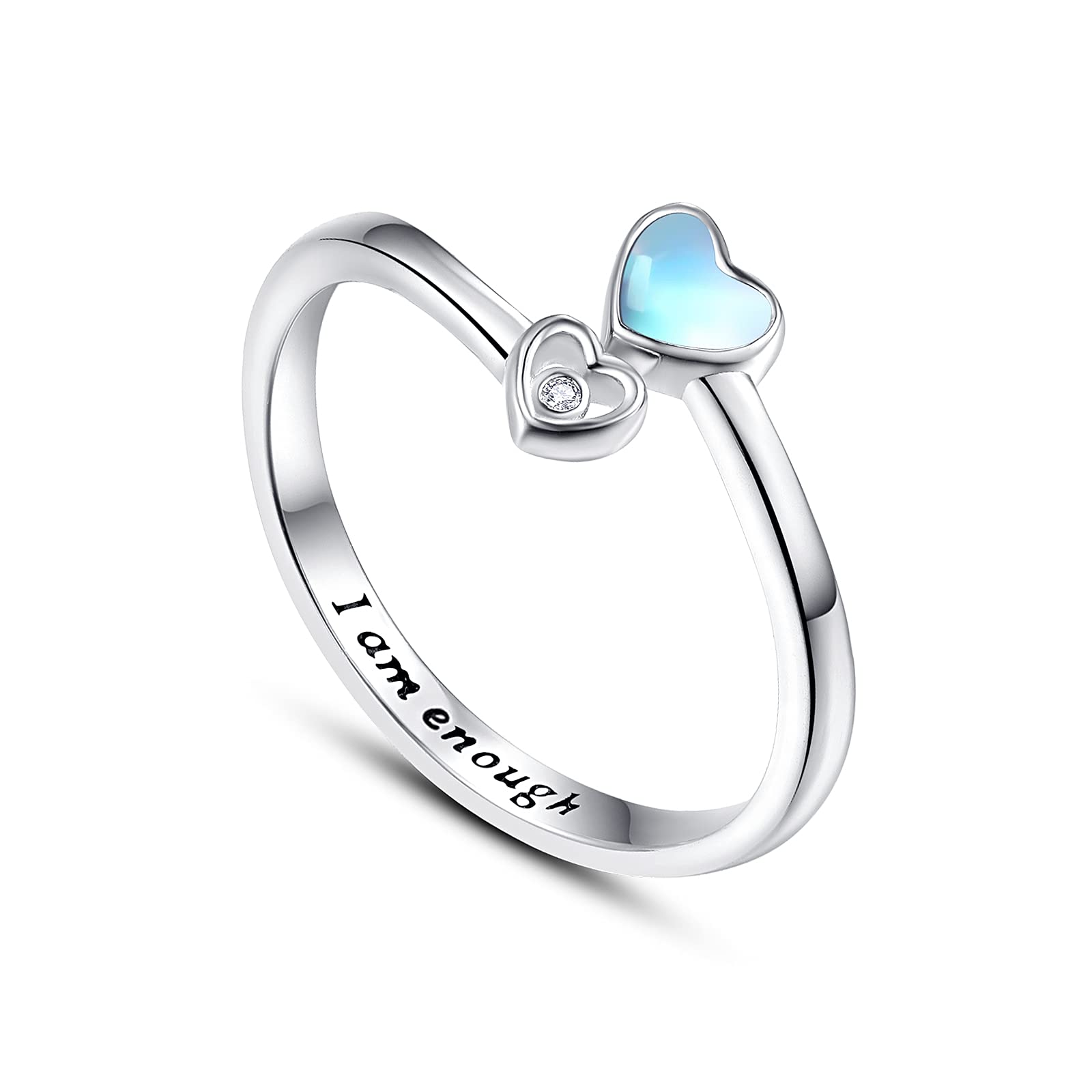 PRAYMOS Moonstone Rings for Women 925 Sterling Silver Adjustable Wrap Open Ring I am Enough Rings Inspirational Jewelry Gift