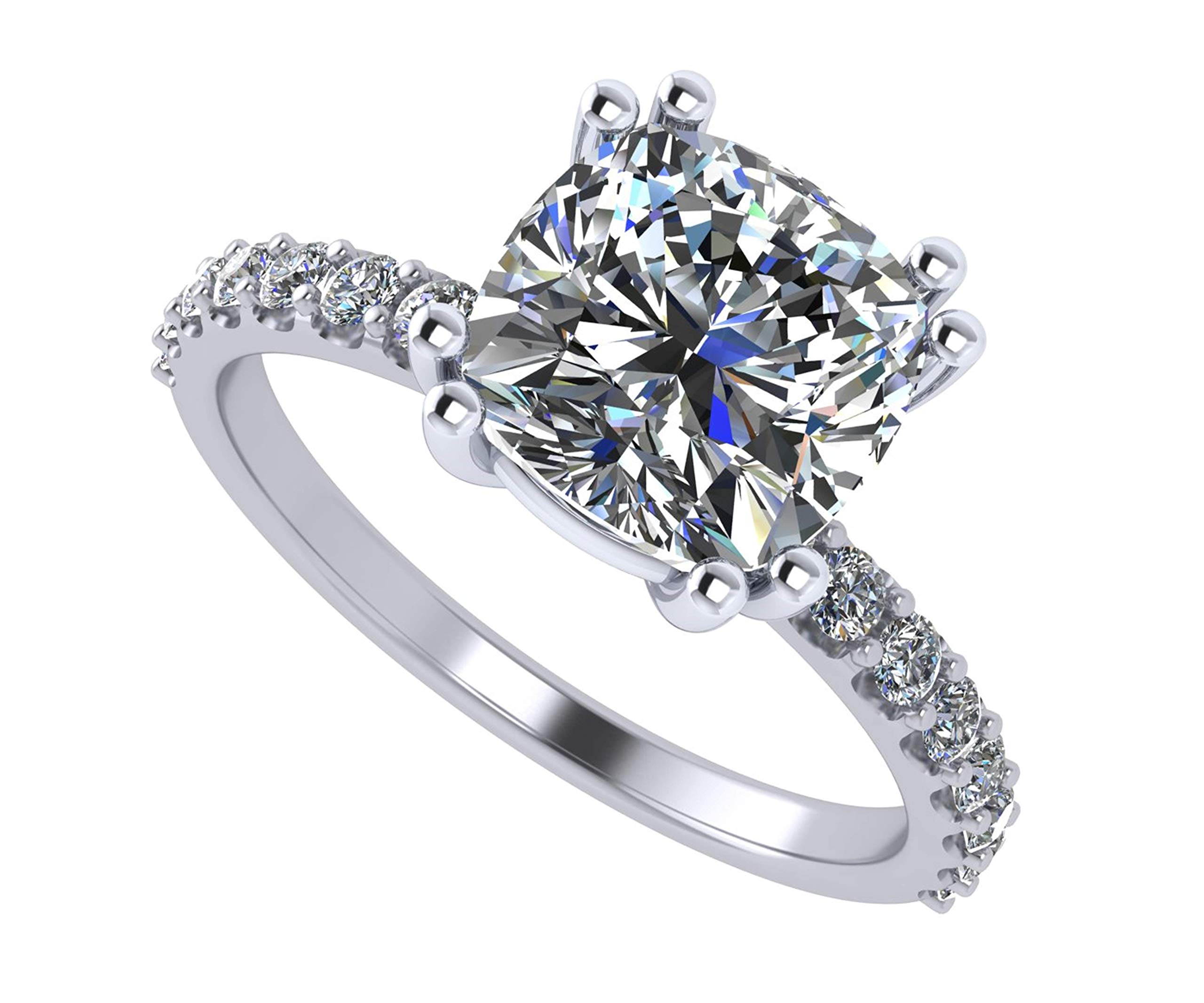 NANA Jewels Silver 7mm (2ct) Cushion Cut Pure Brilliance Zirconia Solitaire w/sides Eng Ring-Rhodium Plated-Size 7
