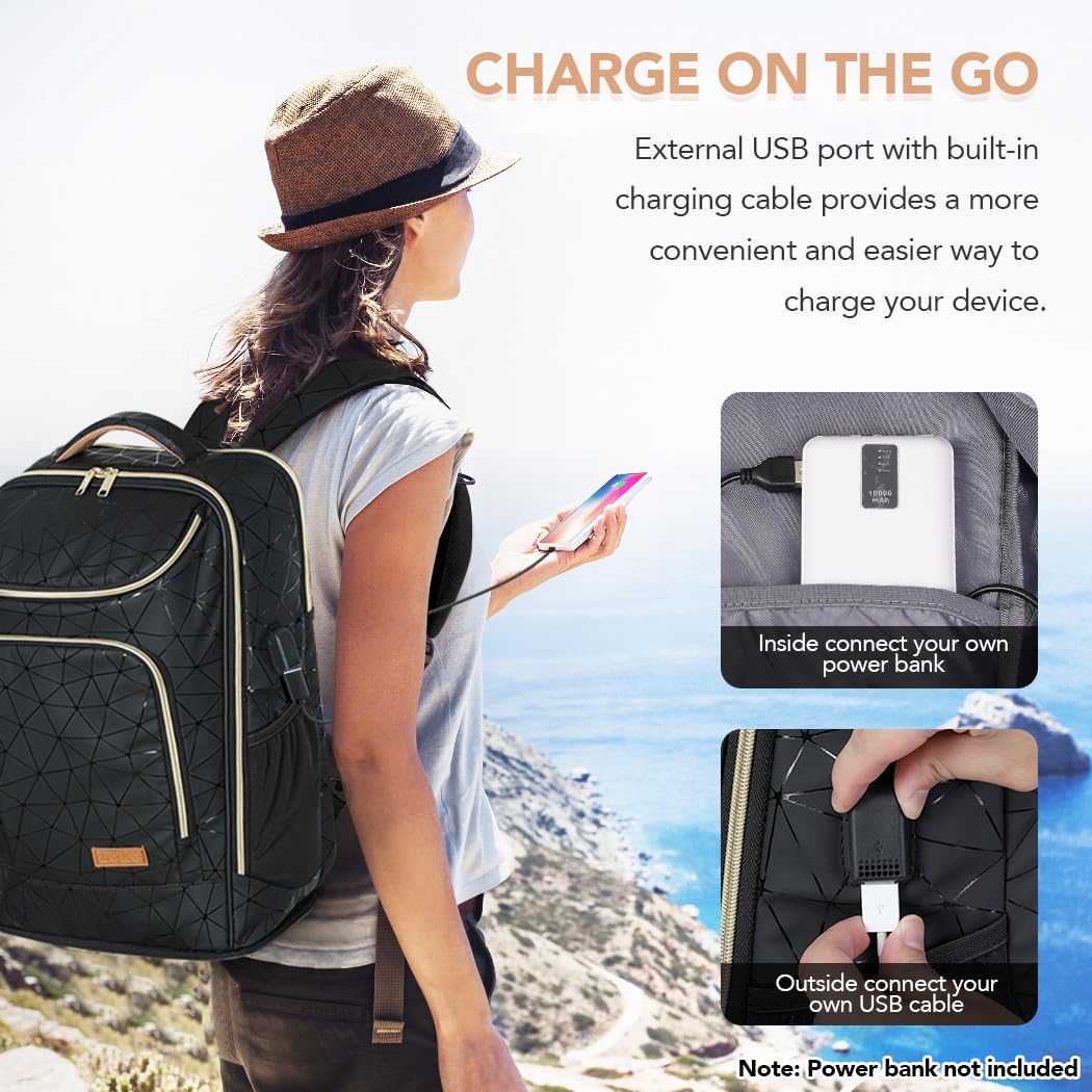 Lekebobor Travel Rolling Backpack Women Wheeled Business Backpack,15.6" Laptop Backpack with USB Charging Port, Waterproof Carry on Backpack Flight Approved Travel Backpack,Black with Golden Zipper