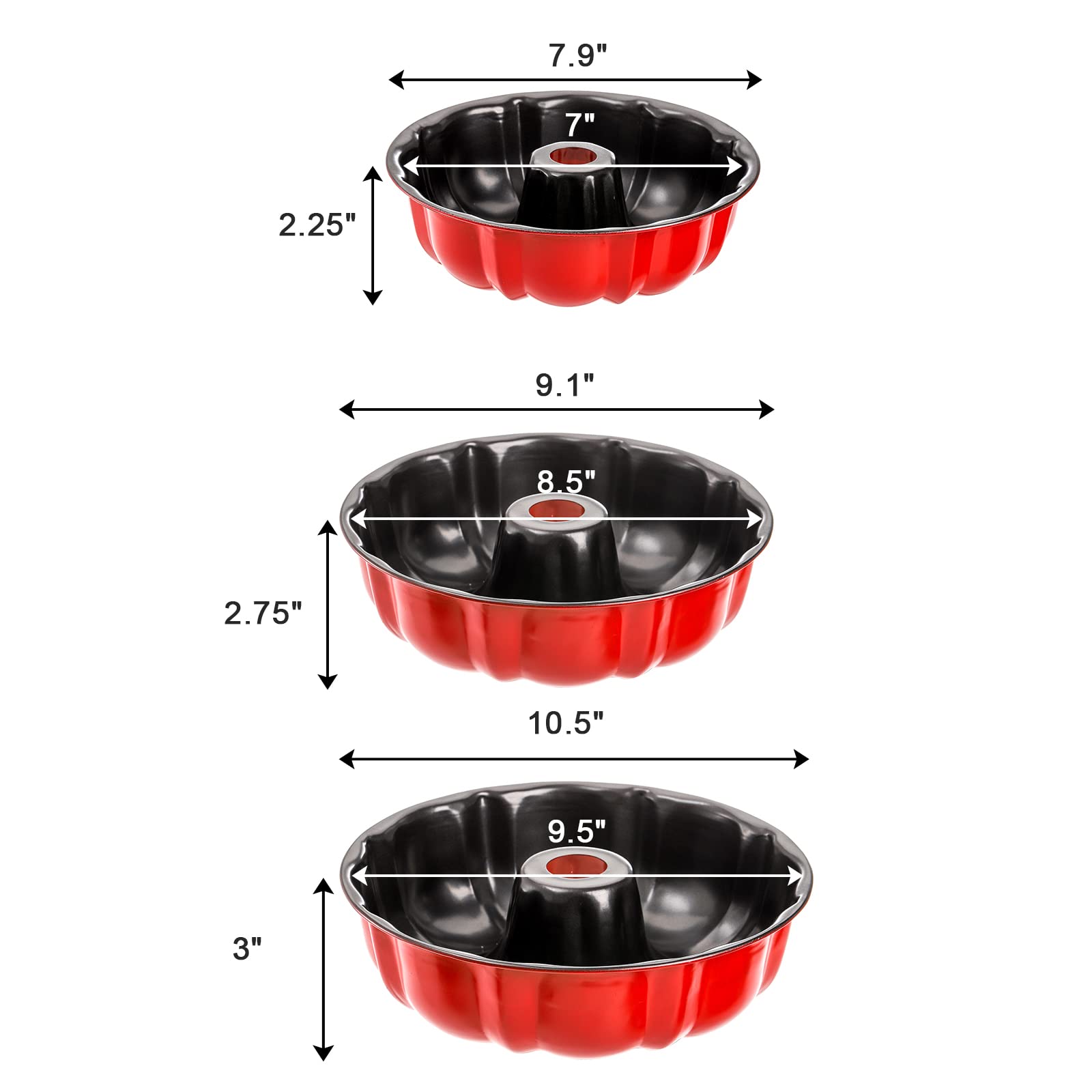 Tosnail Set of 3 Non-Stick Fluted Cake Pan, Tube Pan Round Cake Pan Steel Baking Pan Instant Pot Bakeware - 7", 8.5", 9.5", Red