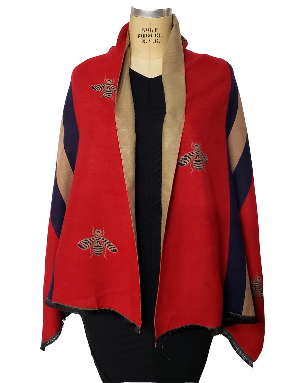 Rosemarie & Jubalee Women's Chic Reversible Navy Tan And Red Designer Bee Fashion Wrap Scarf, 72"