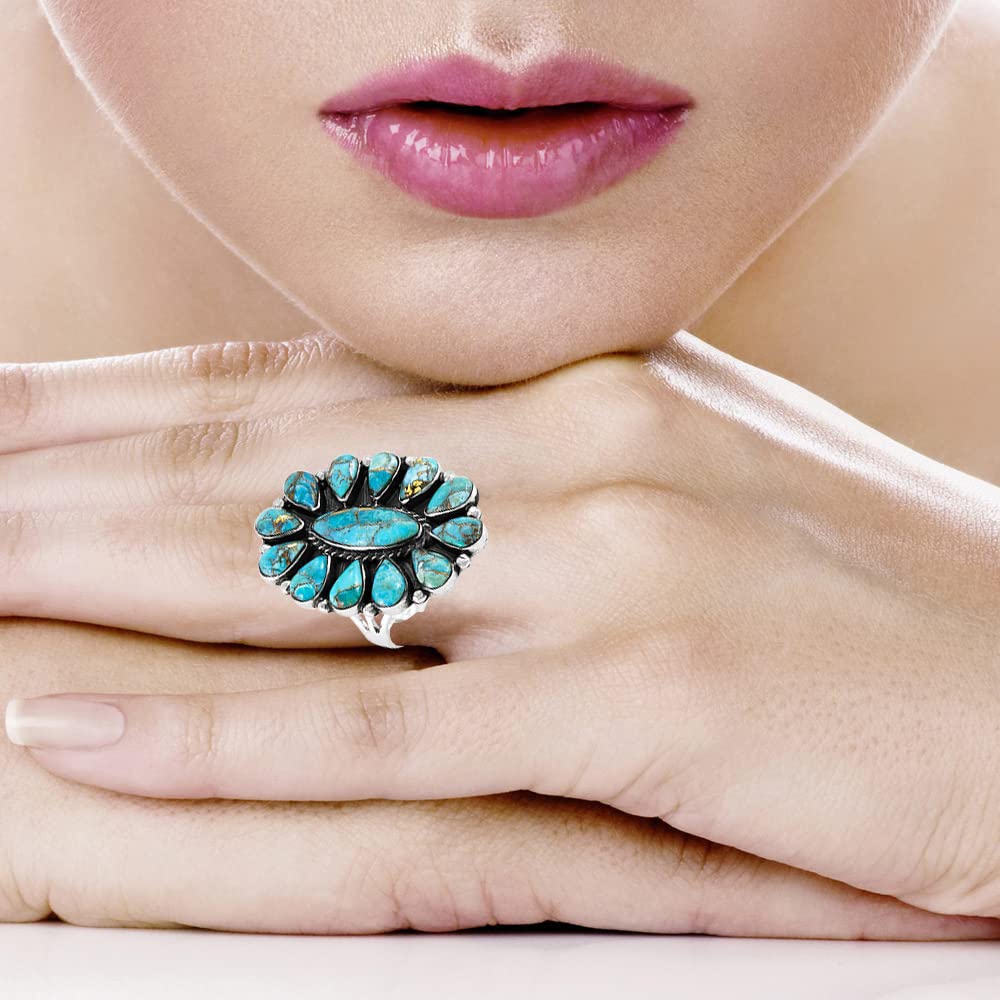 Turquoise Ring in Sterling Silver 925 Genuine Gemstones (9, Sky Matrix Turquoise)