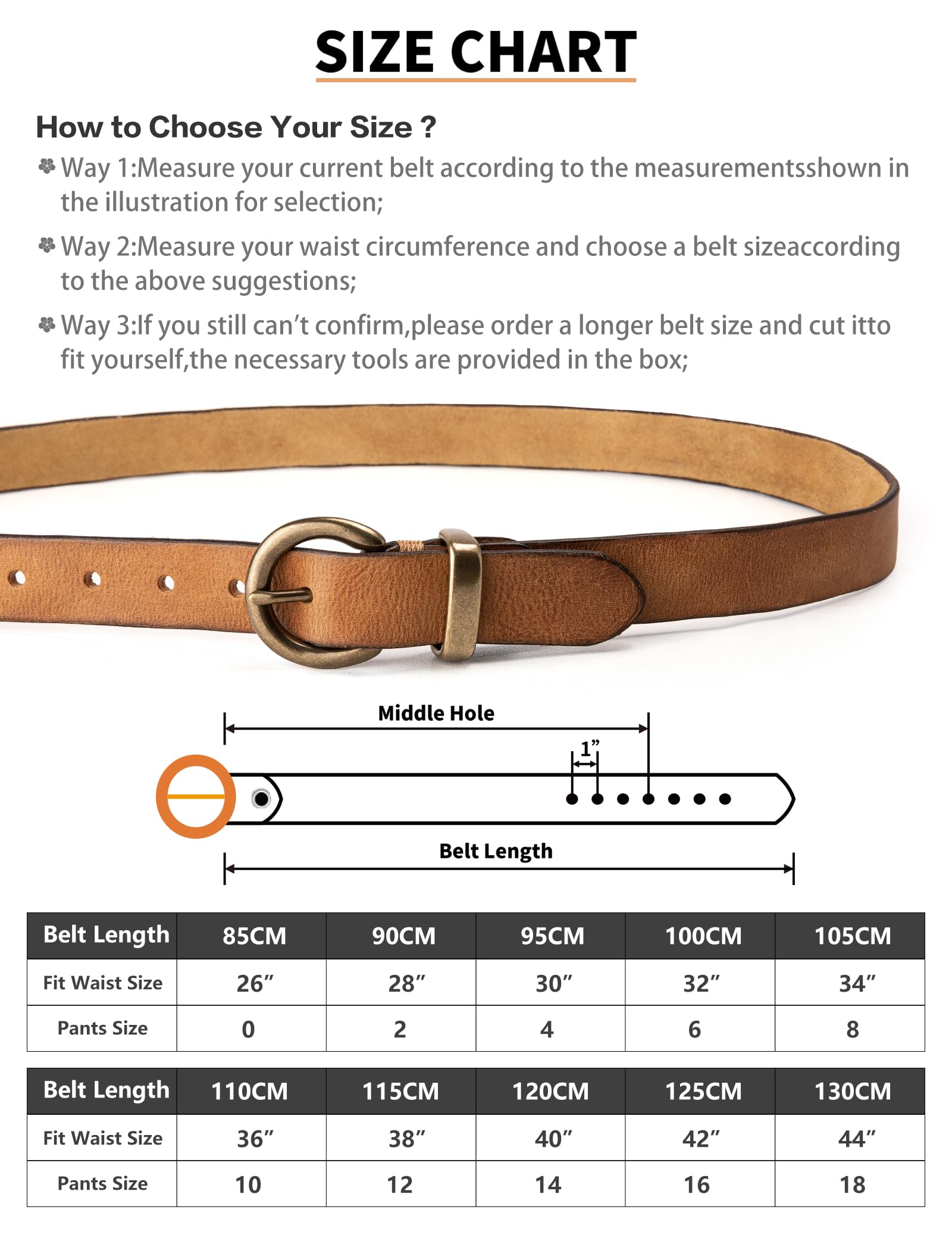 TYWestyles Womens Belt for Jeans Genuine Leather Belt Vintage Solid Brass Circle buckle Gift Box Packaging (Tan-1, Fit Waist 30(Pants 4)