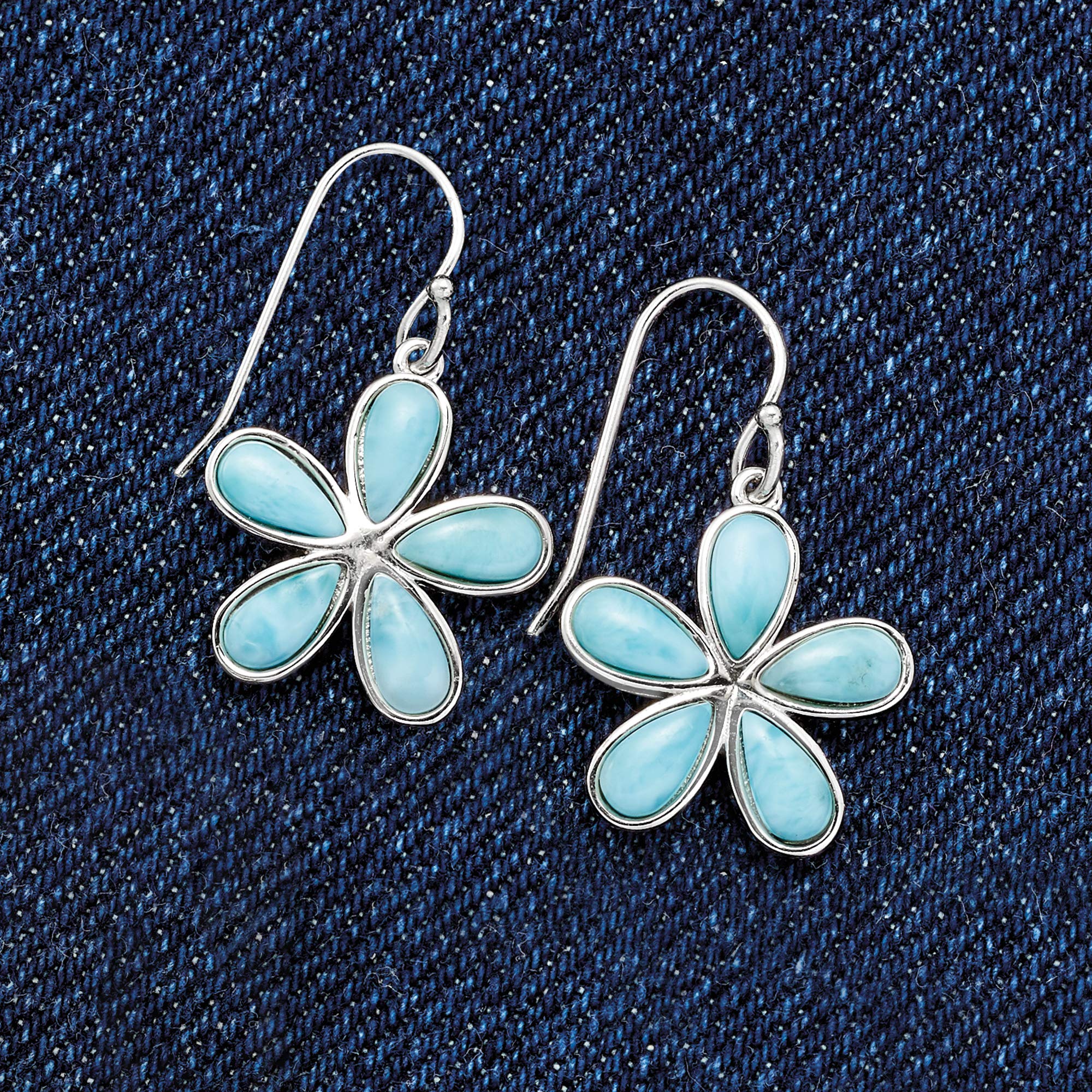 Ross-Simons Larimar Daisy Flower Drop Earrings in Sterling Silver