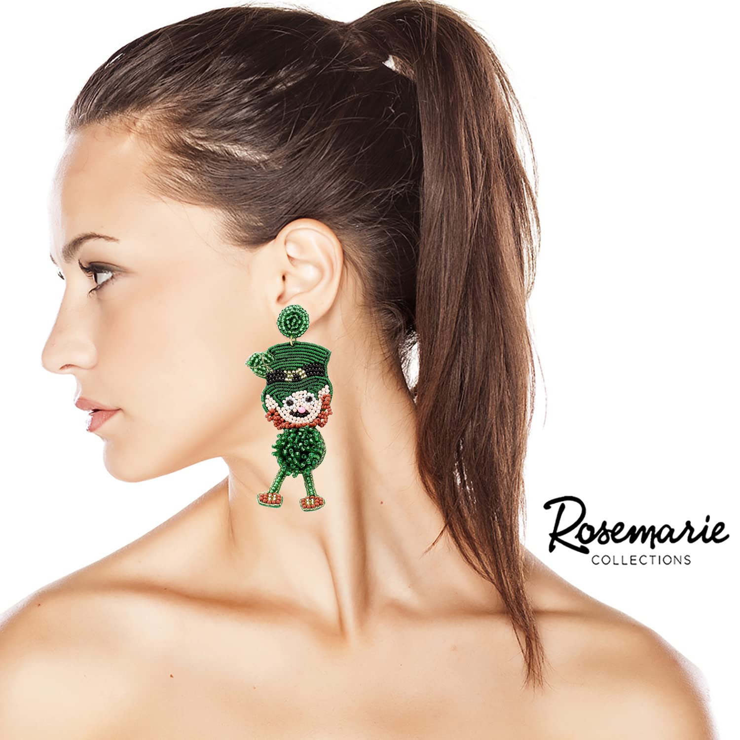 Rosemarie & Jubalee Women's Lucky Leprechaun St Patrick's Day Seed Bead Shoulder Duster Length Long Earrings, 4"