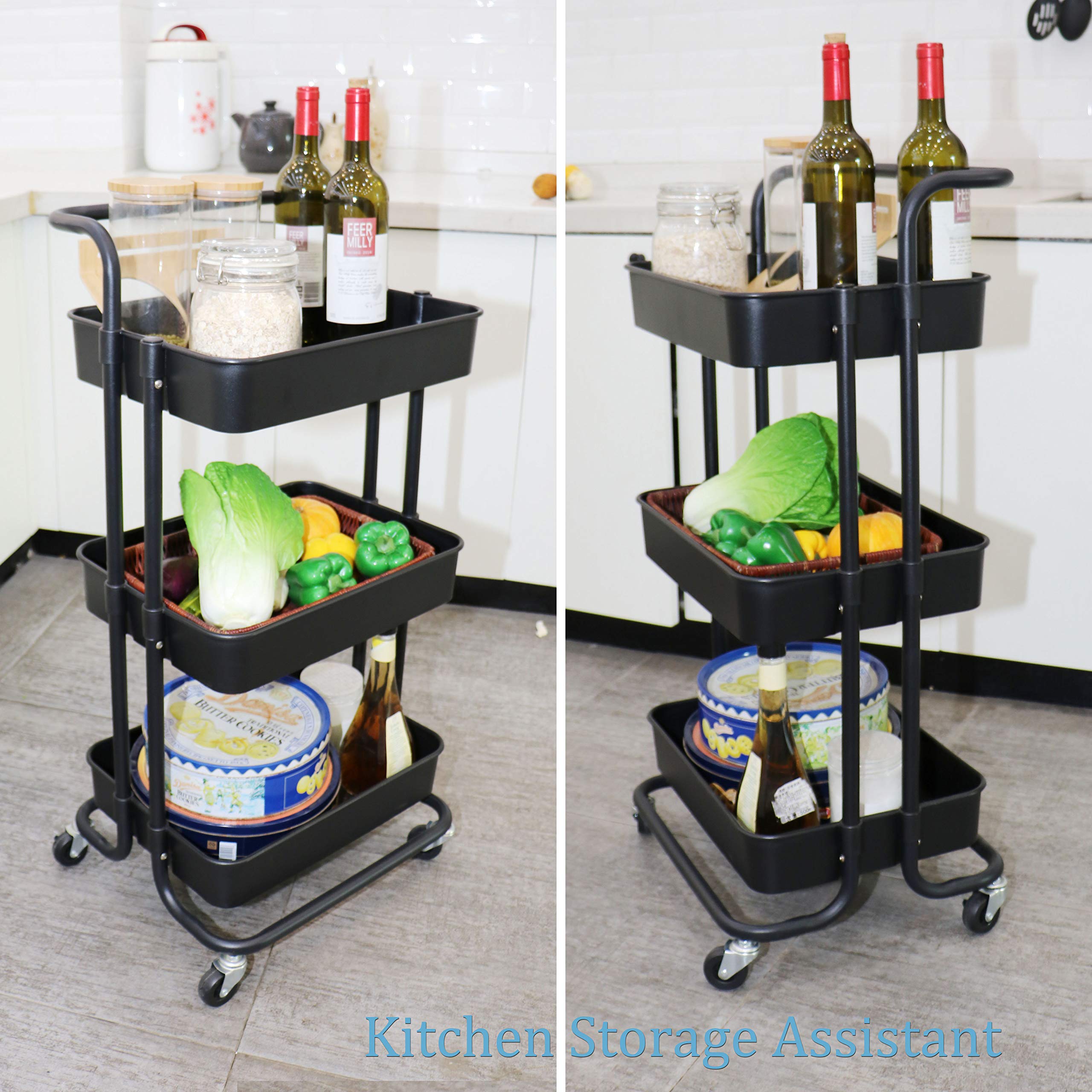 Piowio 3 Tier Utility Rolling Cart Multifunction Organizer Shelf Storage Cart with Handle and Lockable Wheels for Home Kitchen Bathroom Laundry Room Office Store etc. (Black)