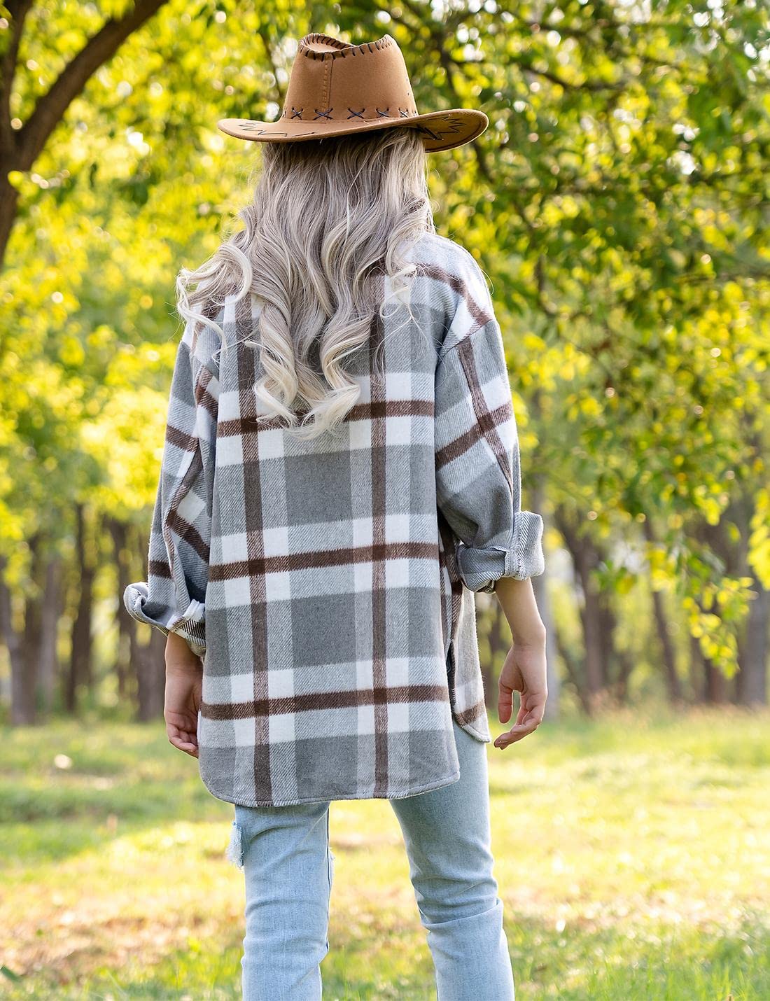 Lviefent Womens Casual Wool Blend Plaid Flannel Shackets Jacket Button Down Shirt Coat (Z-Grey, Small)