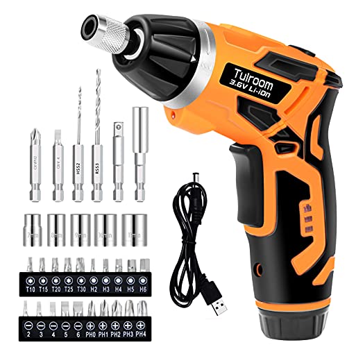 Tulroom Power Screwdriver Electric Screwdriver 3.6V 2000mAh Electric Screwdriver Rechargeable, Adjustable Position Handle, 31pcs Screwdriver Bits 6+1 Torque Setting Front&Rear Light