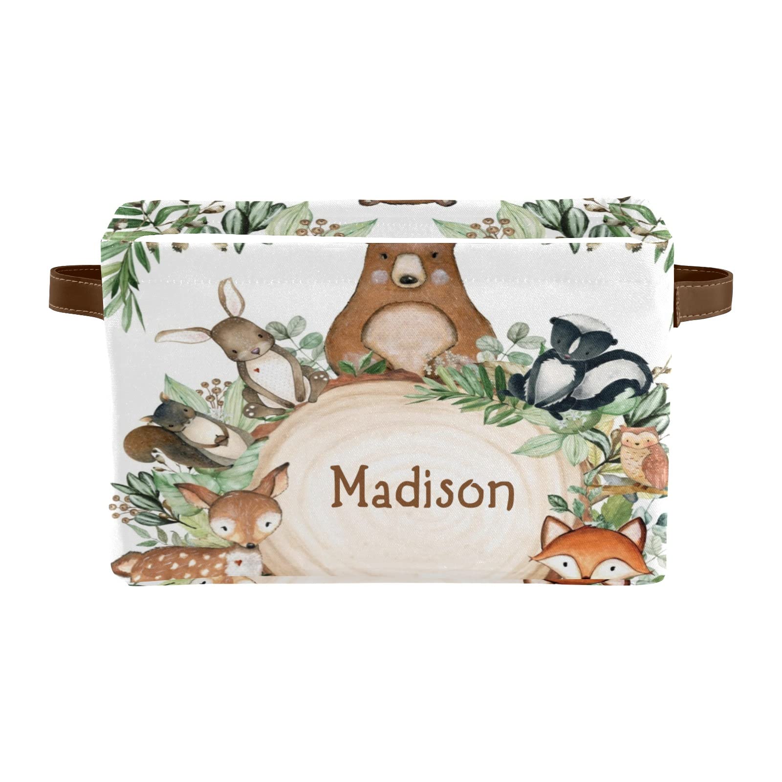 Woodland Animals Personalized Storage Basket,Custom Storage Bins Cubes Organizer with Handle for Bedroom Wardrobe,Nursery,Basket 1 Pack