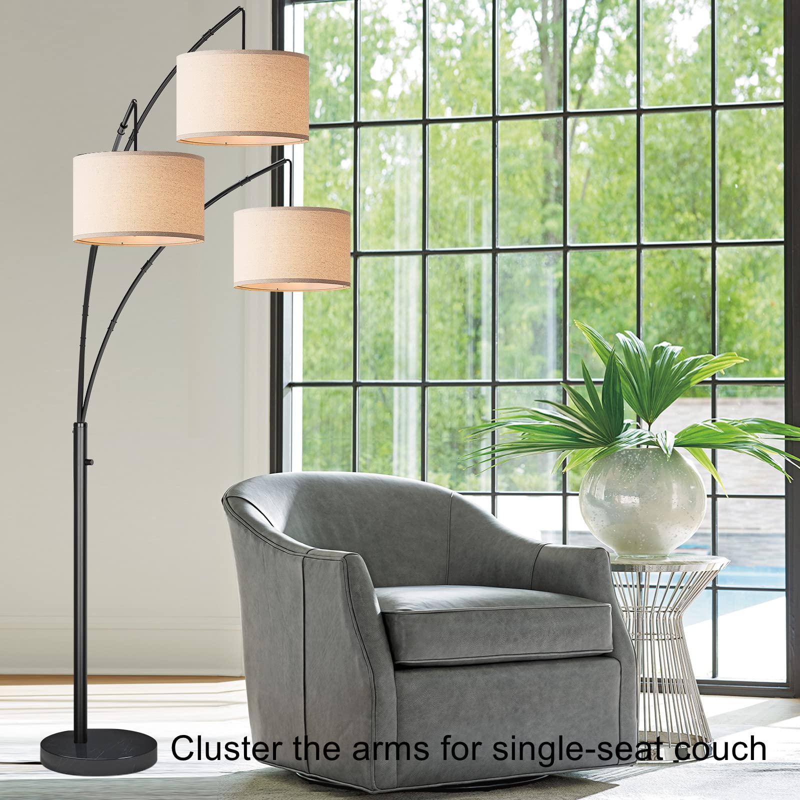 PARTPHONER Arc Floor Lamps for Living Room, Modern Black Floor Lamp Tall Standing Lamps, Multi-Arm Trilage Arched Floor Lamp for Bedroom Lounge Home Office, Light Beige Shades