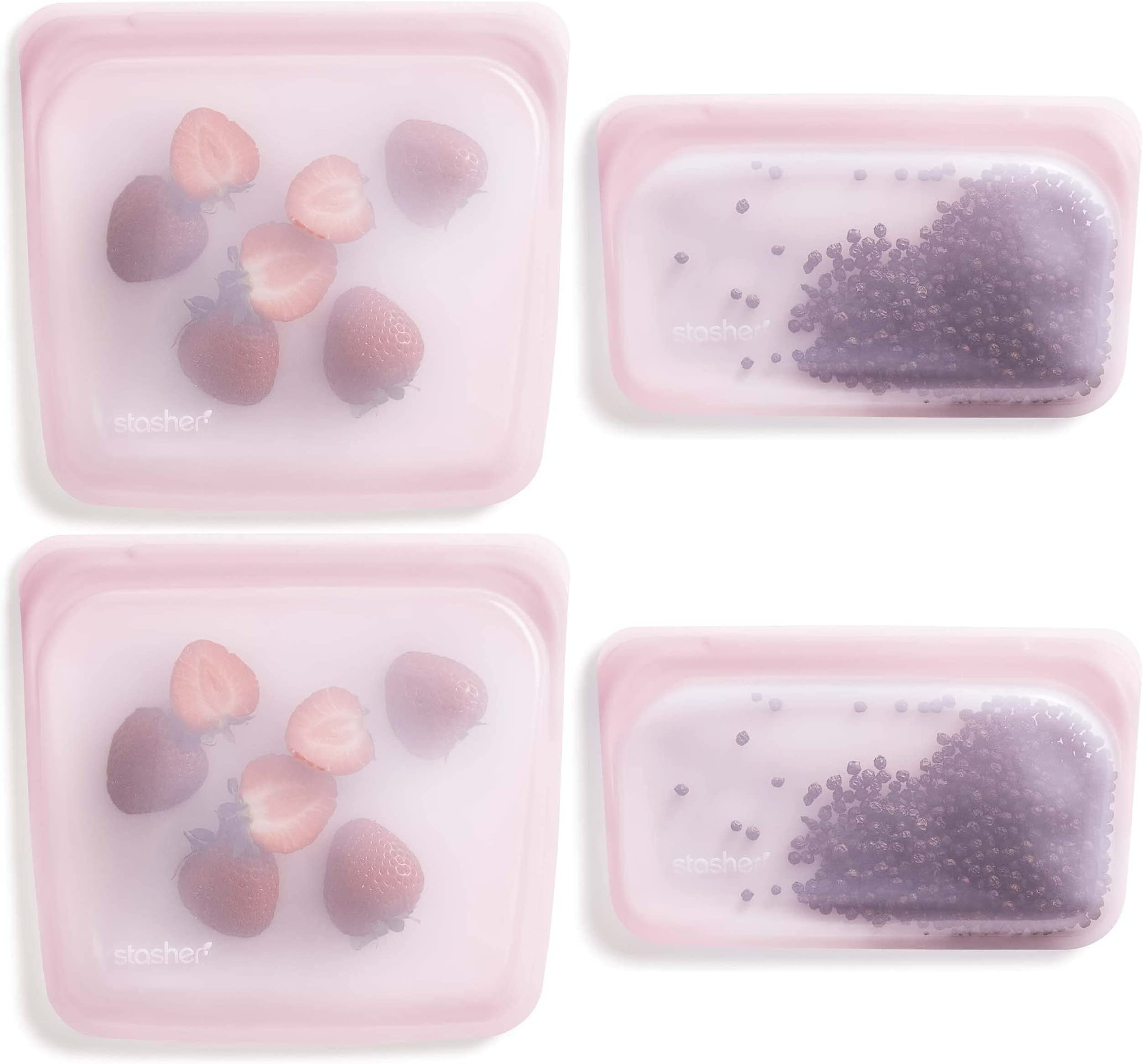 Stasher Silicone Reusable Storage Bag, 4-Pack Lunch/Travel (Pink) | Food Meal Prep Storage Container | Lunch, Travel, Makeup, Gym Bag | Freezer, Oven, Microwave, Dishwasher Safe, Leakproof