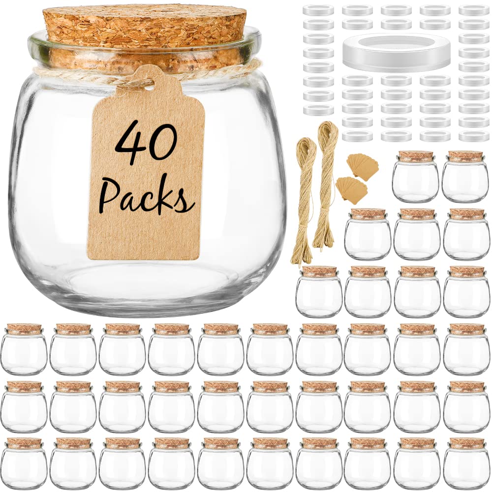 Syntic 40 Pack Empty Candle Jars for Making, 7oz Small Glass with Cork Lids, Honey PE Lids Wedding Favor, DIY Gift, Baby Shower, Spices, Twine, Labels, Tags
