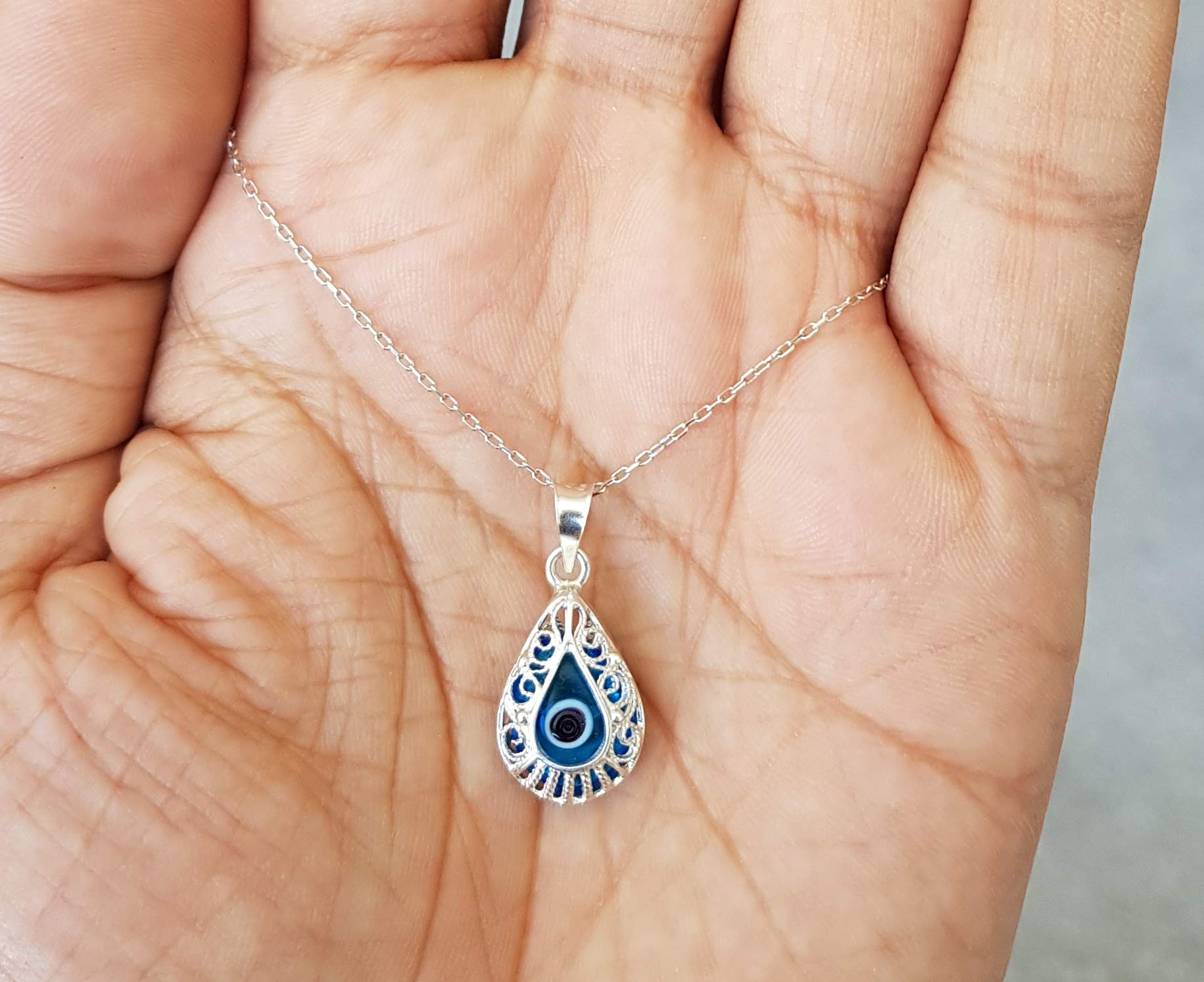 MYSTIC JEWELS By Dalia - 925 Sterling Silver Glass Evil Eye Drop Shape Filigree Pendant with Silver Chain
