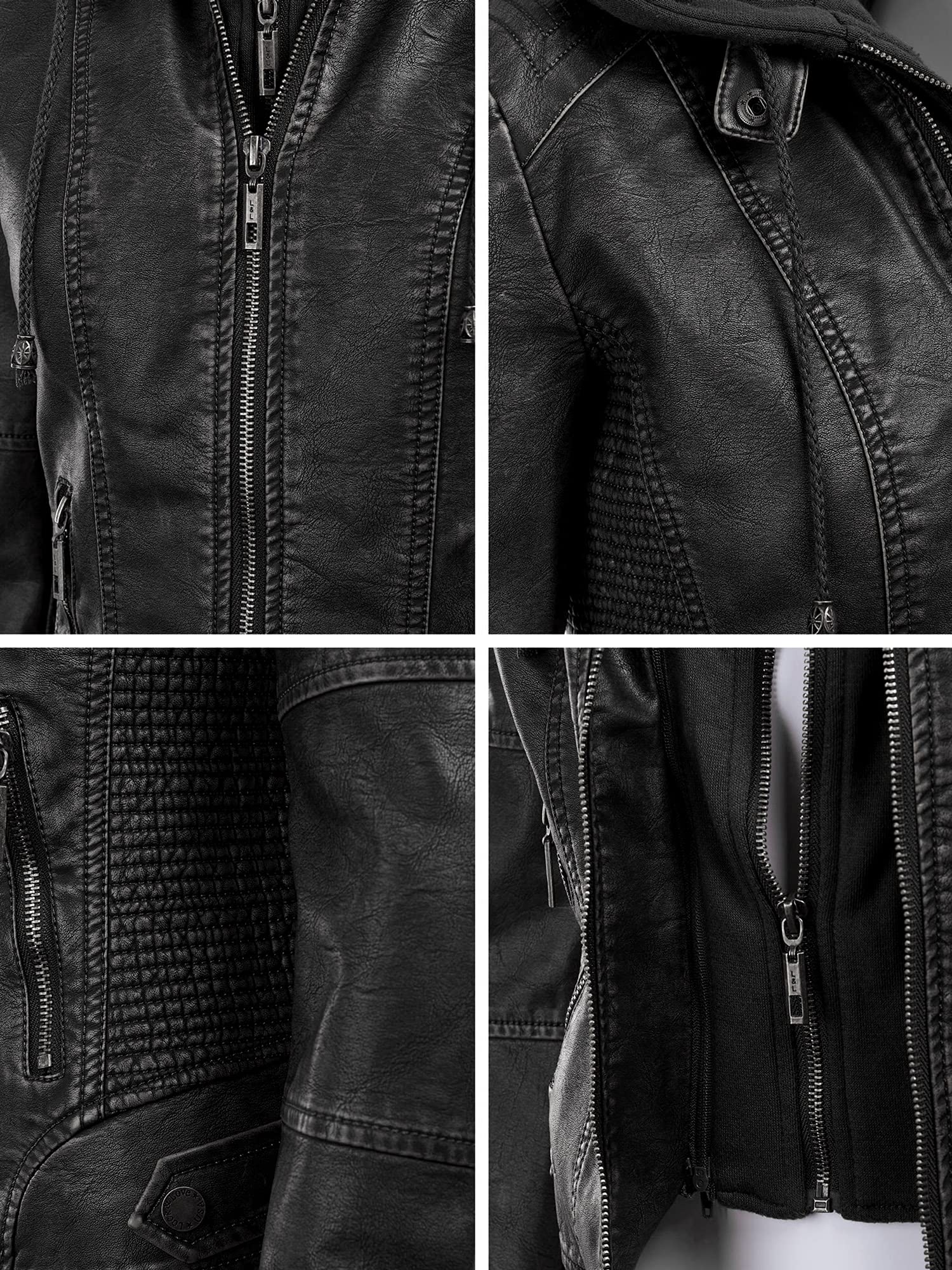 Made By Johnny MBJ WJC1044 Womens Faux Leather Quilted Motorcycle Jacket with Hoodie L BLACK