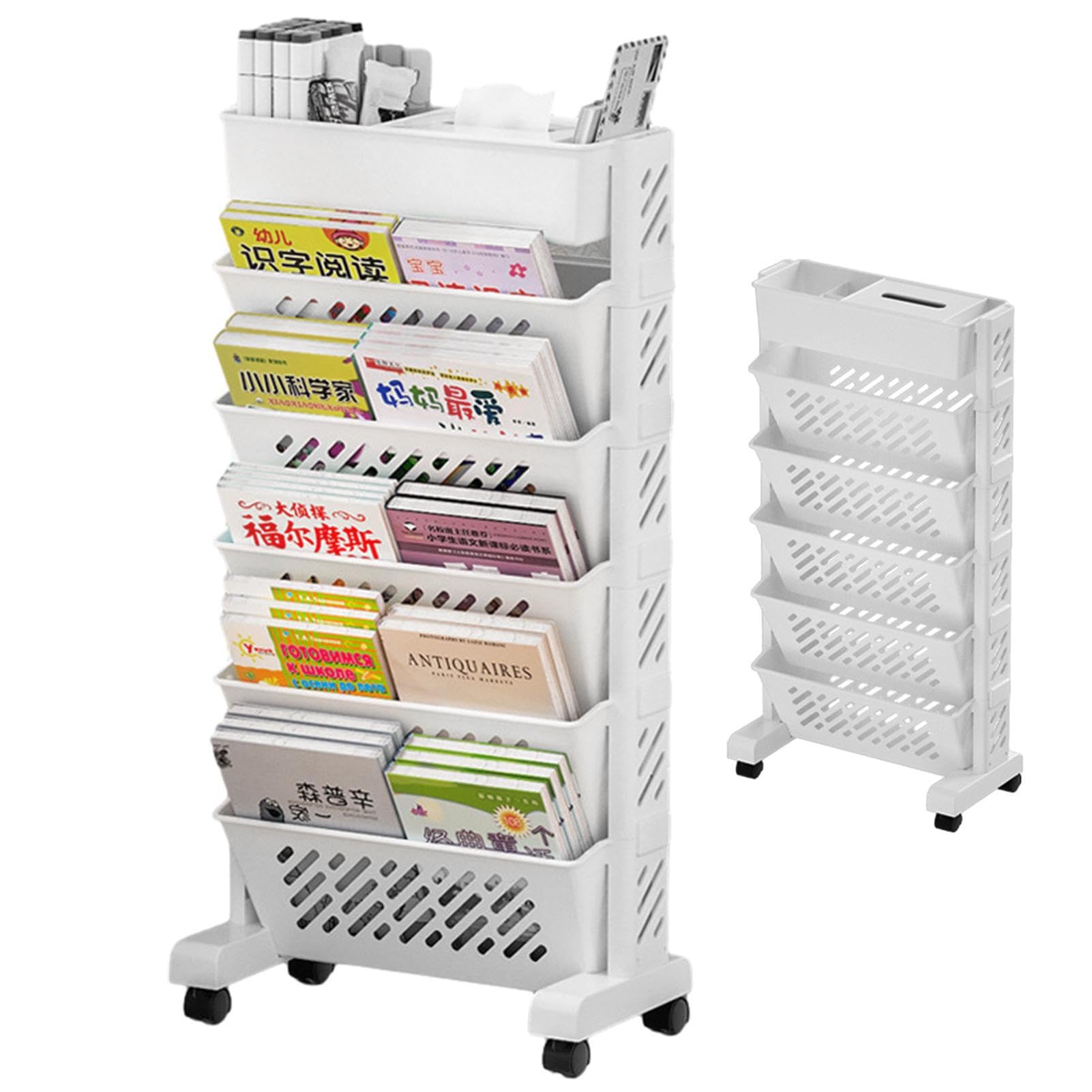 Mobile Bookshelf Organizer, 6 Tier Movable Bookshelf, Rolling Book Rack Storage Bookshelf, Movable Books Cart with Wheels, Mobile Bookshelves Rack for Home Bedroom Living Room Library
