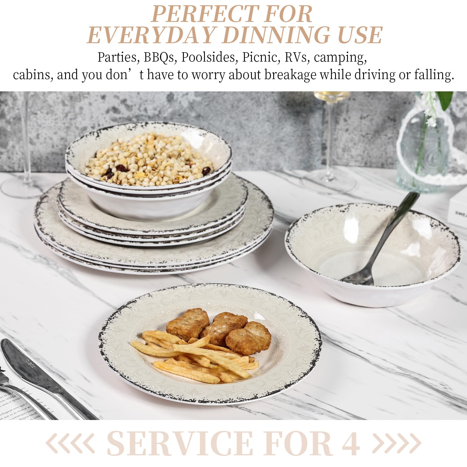 Melamine Dinnerware Sets for 4-12pcs Dinnerware Dishes Set,Plate and Bowl Set, Indoor and Outdoor Use, Dishwasher safe, Unbreakable, Light Grey