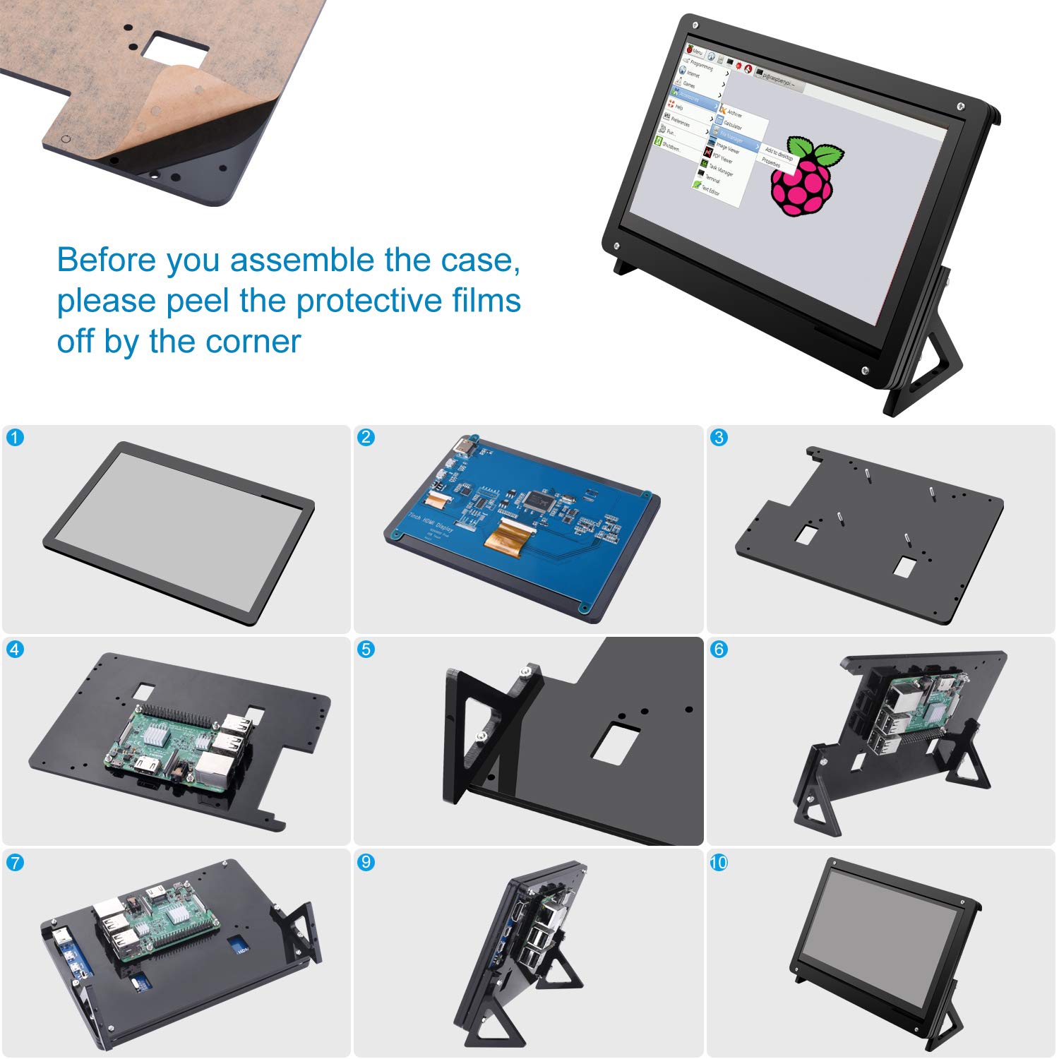 Longruner Raspberry Pi Touch Screen with Case Holder, 7 inch TFT LCD Display HDMI Module 1024x600 for Raspberry Pi 3 2 Model B and RPI 1 B+ A BB Black PC Various Systems (with Protective Case)