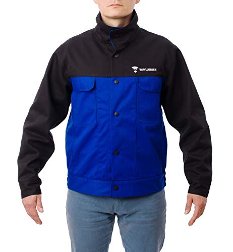 Waylander Flame Resistant FR Cotton Welding Jacket with Snap Button Front and Wrist Closures - Black/Blue (MEDIUM)