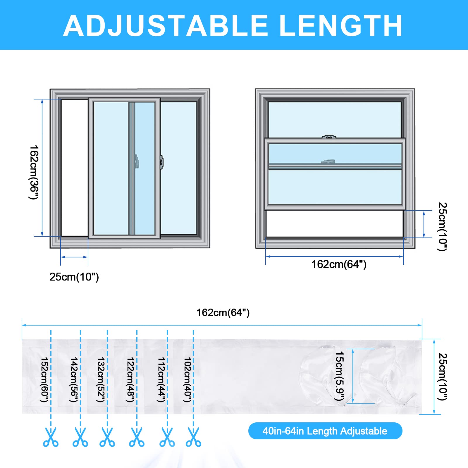 Vansza Portable AC Window Seal Kit, Upgraded 100% Sealed One-Piece Design Window Seal for Portable Air Conditioner with Drawstring and Adhesive Fastener (Dual-Hose Design 25 * 102~162cm)