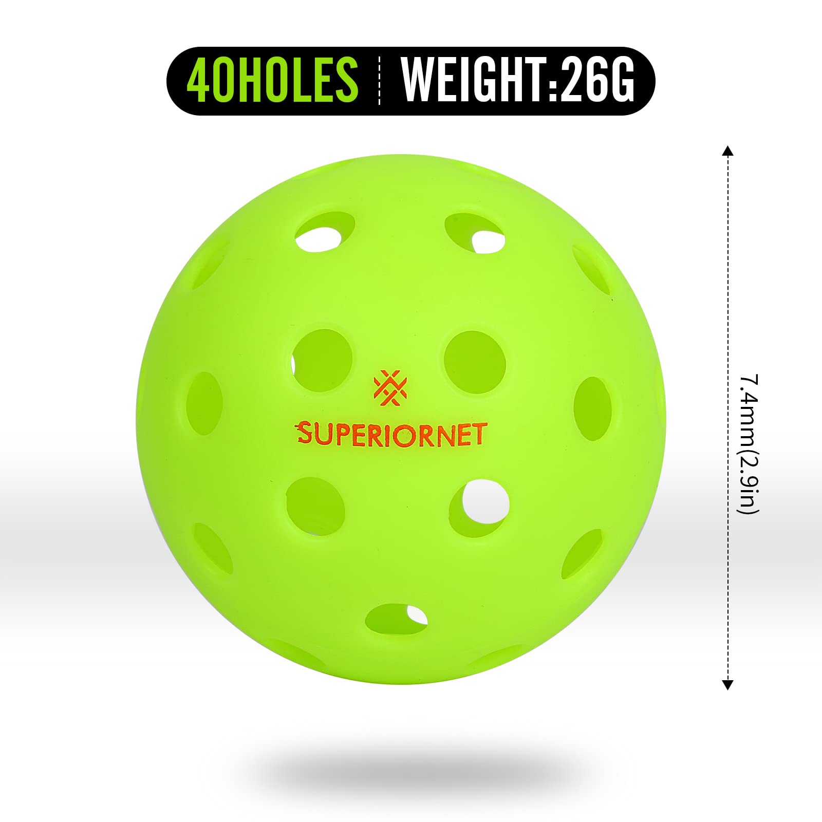 SUPERIORNET Pickleball Balls, 40 Holes, 12 Pack Set Pickleballs for Indoor and Ourdoor Playing (Green/Orange)