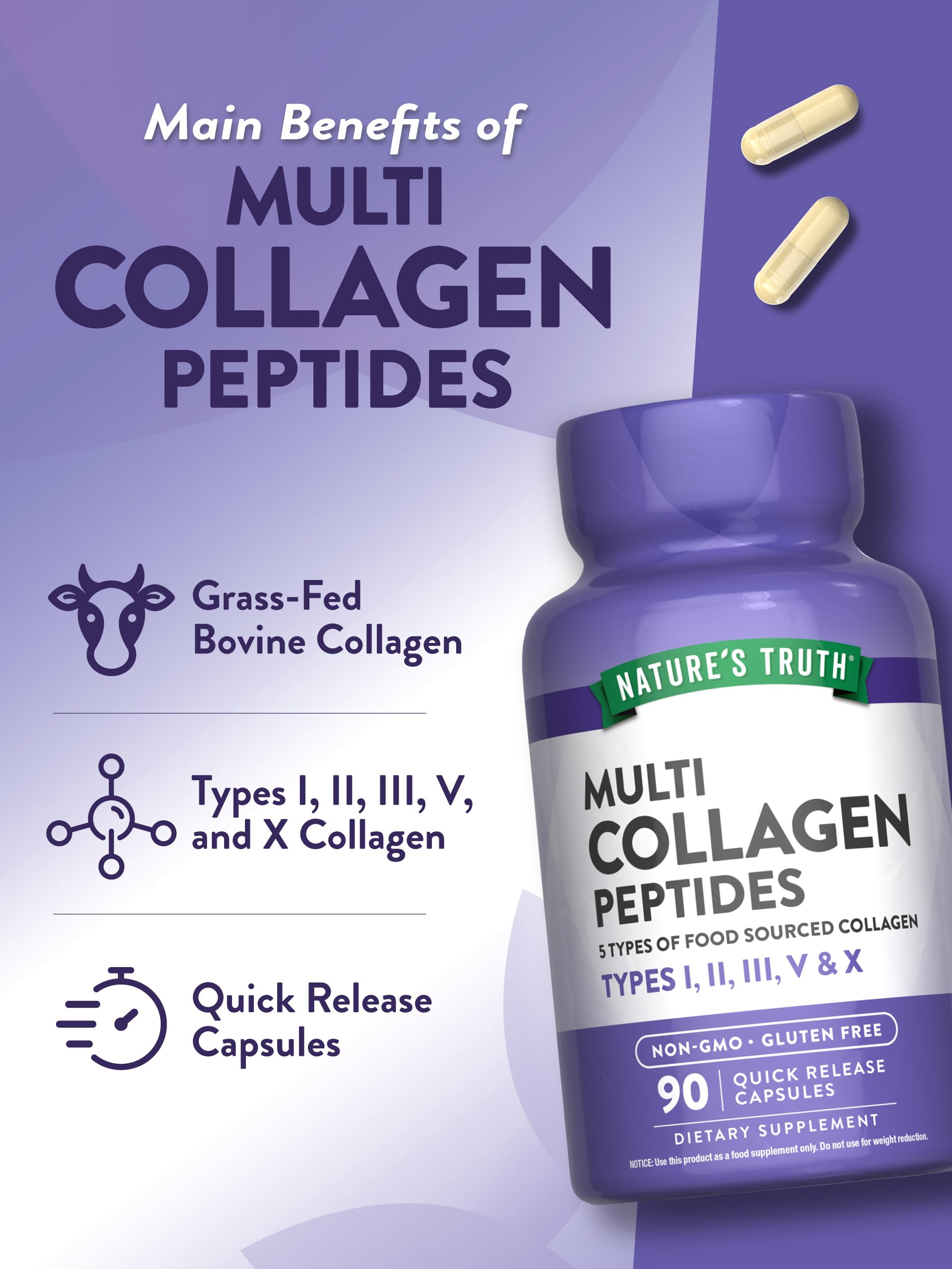 Nature's Truth Multi Collagen Peptides Capsules | Types I, II, III, V, X | 2000 mg | 90 Count | Keto Friendly | Non-GMO and Gluten Free Supplement
