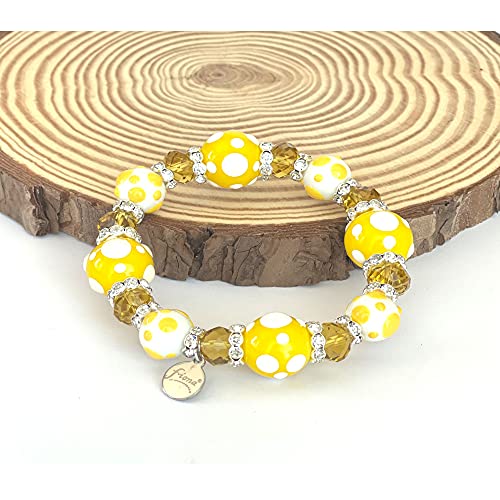 Linpeng PD-08 Fiona Hand Painted Polka Dots Glass Beads Stretch Bracelet, Yellow/White