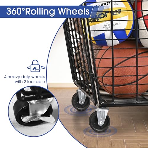 Mythinglogic Rolling Sports Ball Storage Cart, Sports Lockable Ball Storage Locker with Elastic Straps, Stackable Ball Cage for Garage Storage Garage Organizer (Large Set)