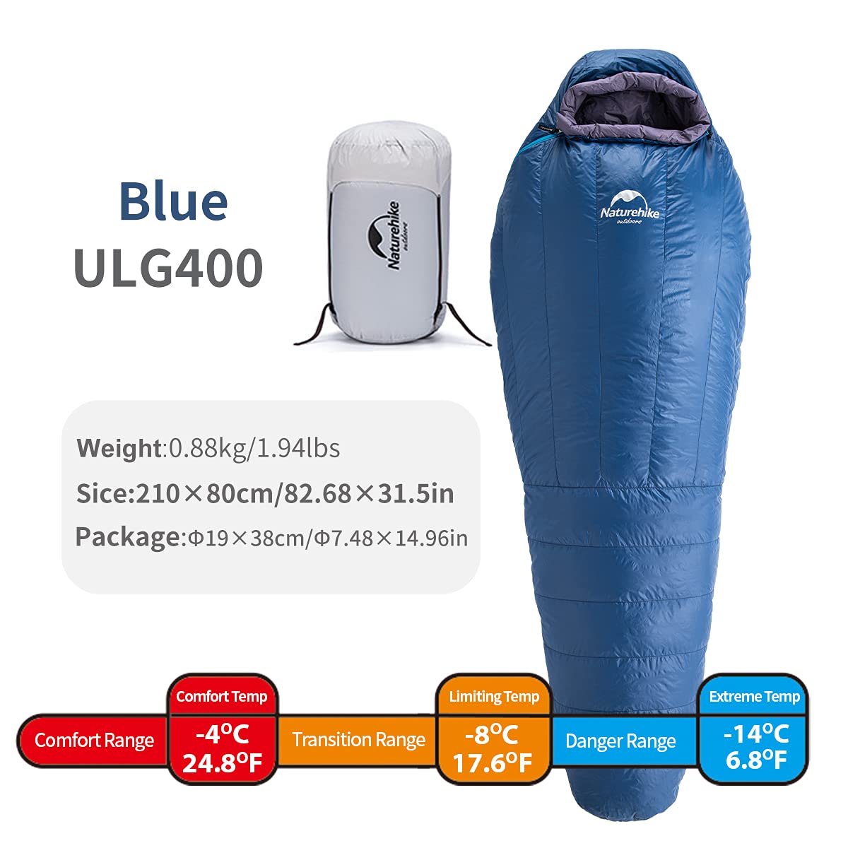 Naturehike Lightweight Portable Sleeping Bag 800 Fill Power Mummy Goose Down Sleeping Bag for Adults Winter Outdoor Camping Hiking (Blue, ULG400)