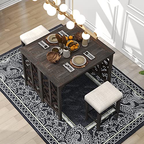 LAVHOME Retro Style 3-Piece, Solid Wood Counter Height Pub Set,Foldable Table with 2 Saddle Stools for Small Space,Kitchen,Dining Room,Restaurant,Coffee Shop (Espresso)