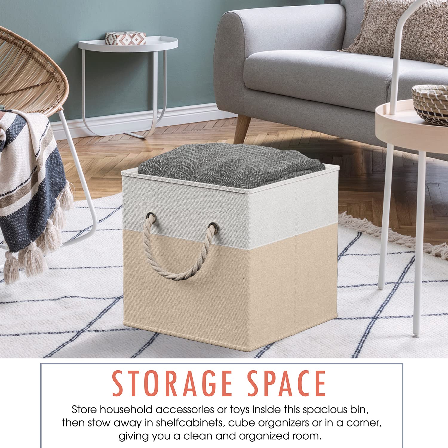 Ornavo Home Foldable Collapsible Storage Box Bins Linen Fabric Shelf Basket Cube Organizer with Rope Handles - Set of 6 - 13 x 13 x 13 - White/ Khaki