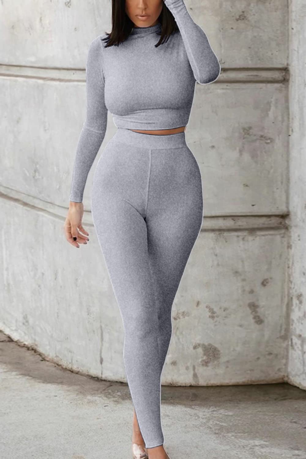 Mulisky 2 Piece Outfits for Women Long Sleeve Crop Top Sweatsuit Tracksuit Long Pants Set Sports Jumpsuit Grey L