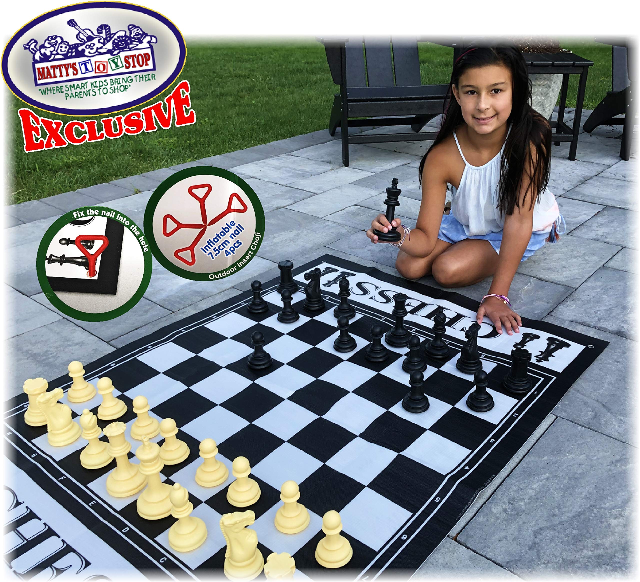 Matty's Toy Stop Deluxe Large Chess (Indoor/Outdoor) Game with 6" King, 4' x 3' Game Mat with with Anchors
