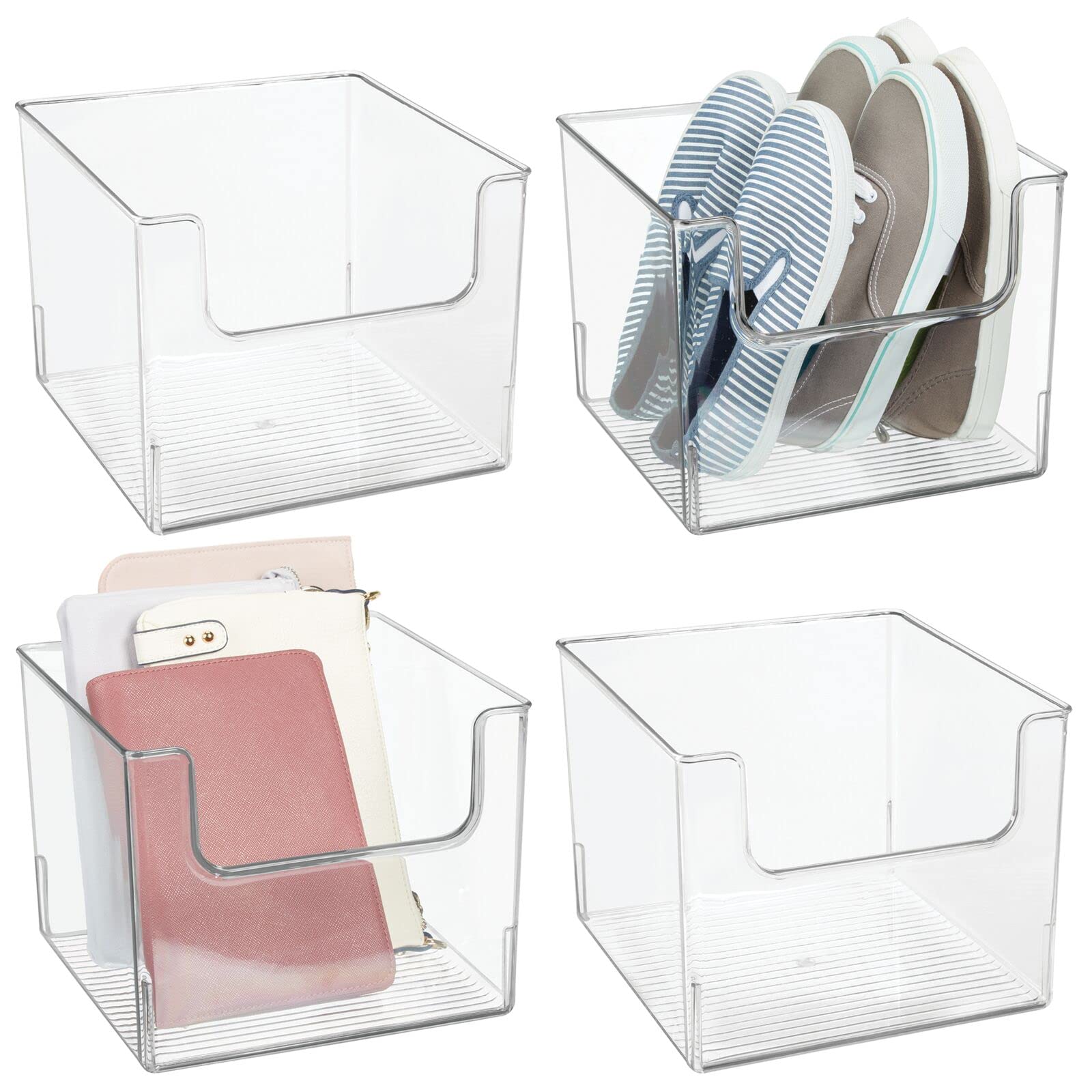 mDesign Modern Plastic Open Front Dip Storage Organizer Bin Basket for Closet Organization - Shelf, Cubby, Cabinet, and Cupboard Organizing Decor - Ligne Collection - 4 Pack - Clear