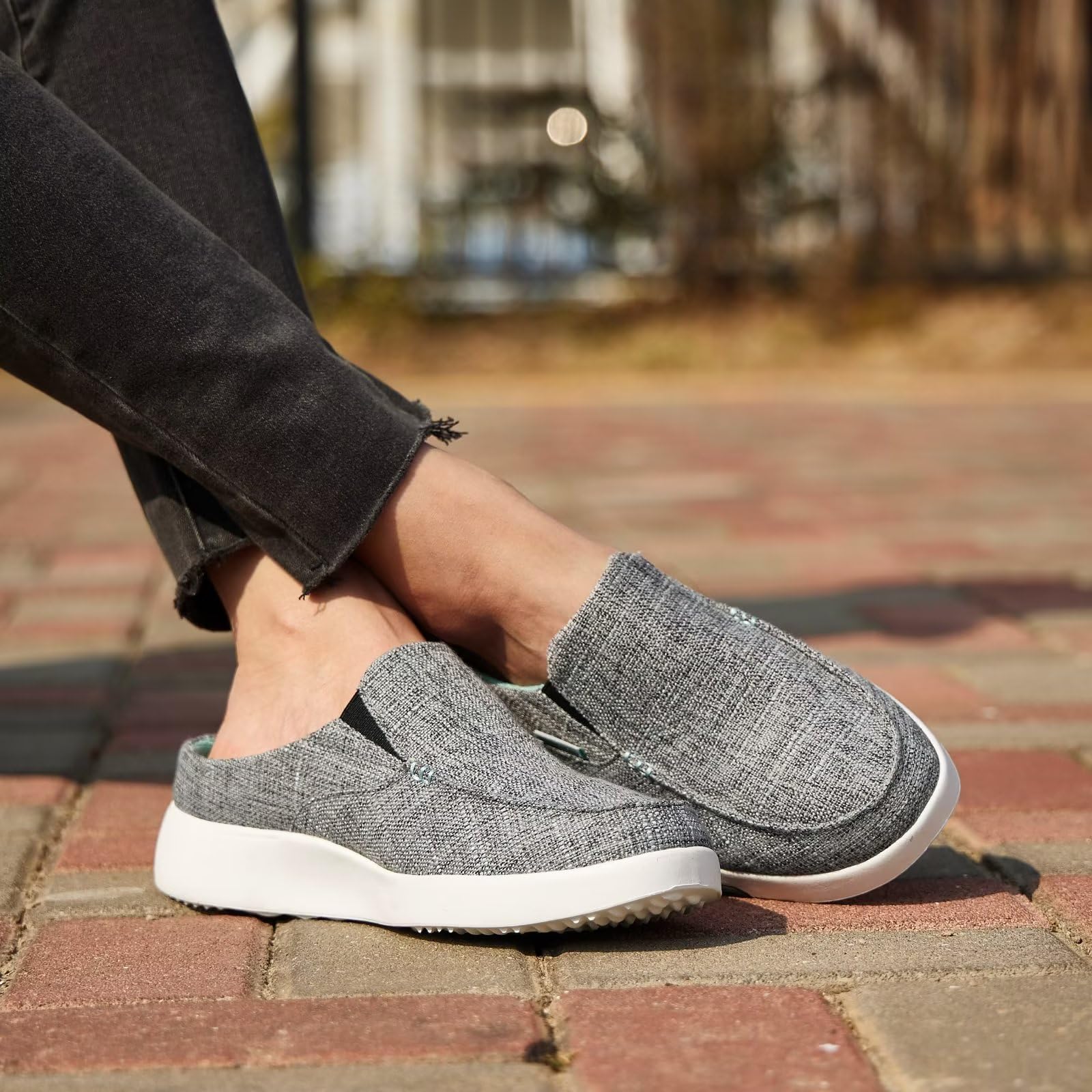 OrthoComfoot Canvas Loafer for Womens, Plantar Fasciitis Slippers for Flat Feet,Ladies Comfortable Athletic Walking Shoes Grey Green Size 9.5