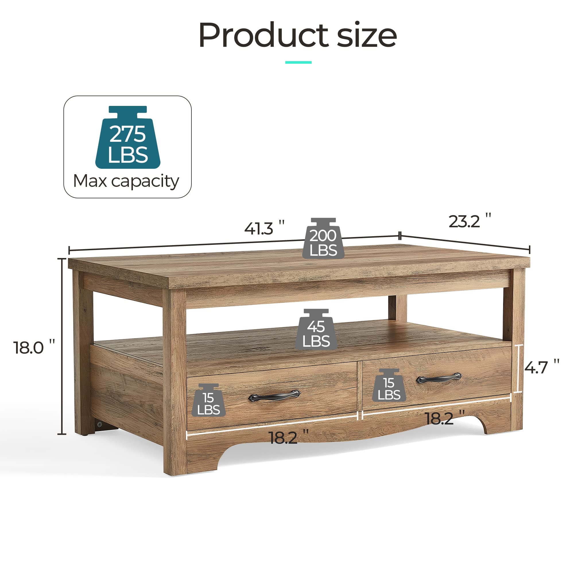 LINSY HOME Farmhouse Coffee Table with Storage, Wood Coffee Table for Living Room, Open Display Area and Storage Drawers with Metal Handles, Chic Style with Curved Base. Brown