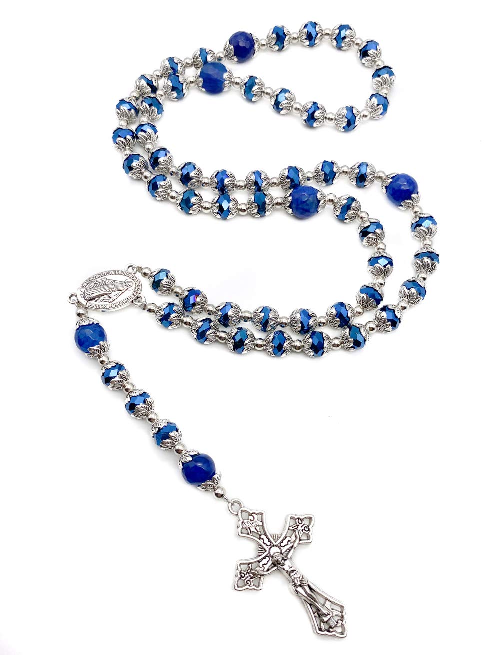 Nazareth Store Deep Blue Crystal Beads Rosary Blue Agate Glory Stone Beaded Necklace Miraculous Medal & Cross Crucifix Religious Rosaries Collection