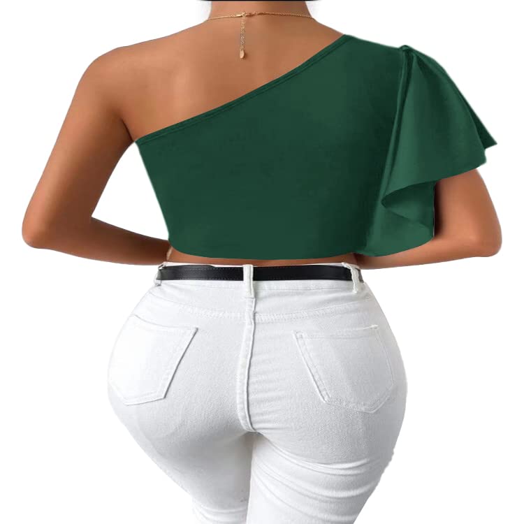 LYANER Women's One Shoulder Ruffle Short Sleeve Knitted Cami Crop Tops Shirt Blouse Violet Medium