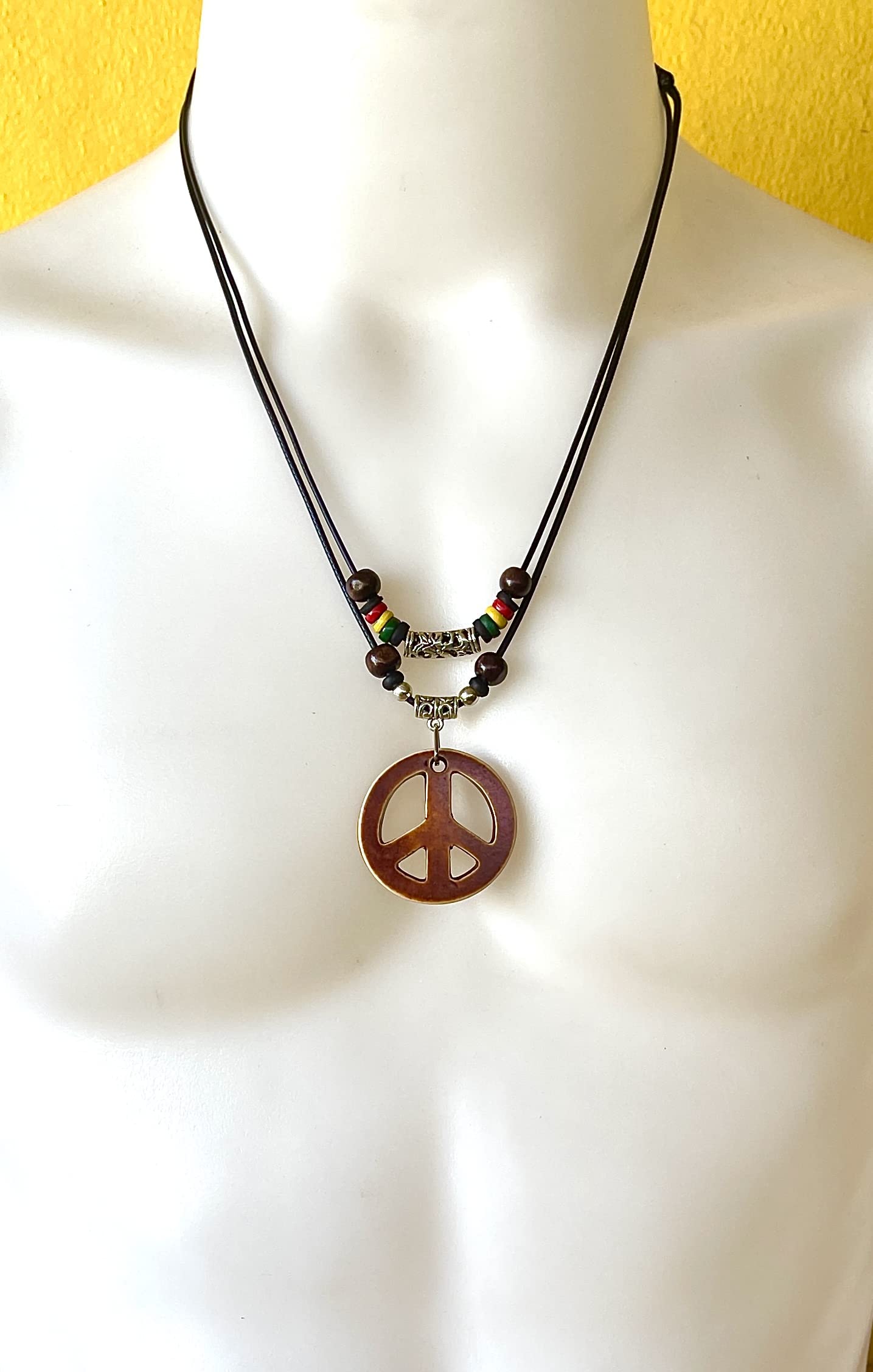 LAVIP Leather Peace Sign Pendant Double Layers Peace Symbol Brown Pendant Necklace Coconut wood Beads