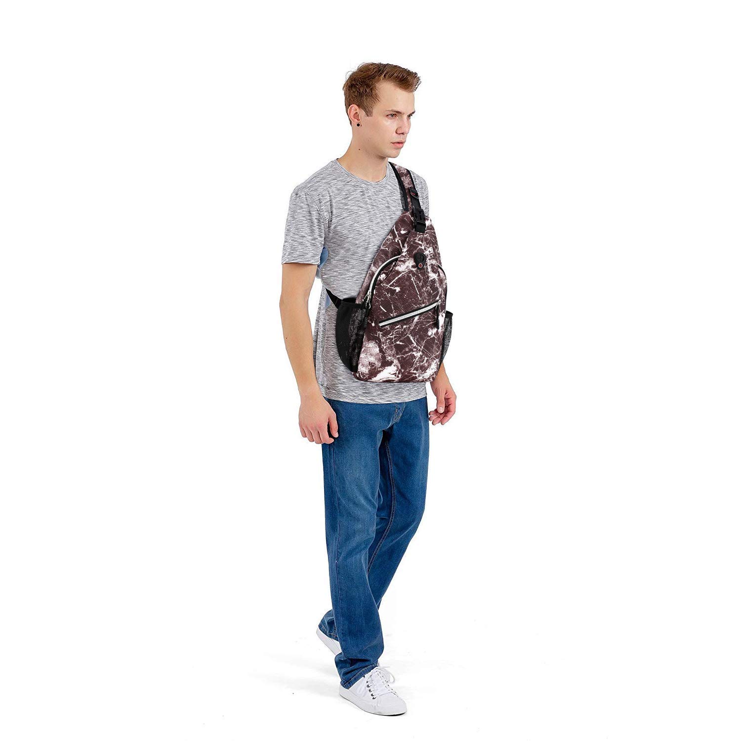 MOSISO 13 inch Sling Backpack, Multipurpose Hiking Daypack Outdoor Rope Crossbody Chest One Shoulder Bag, Brown Marble
