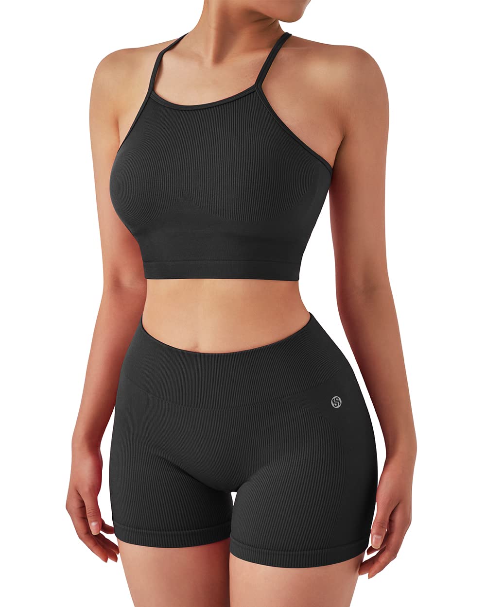 SUUKSESS Women Ribbed Seamless 2 Piece Summer Outfits Crop Top High Waisted Workout Sets (Black,Medium)