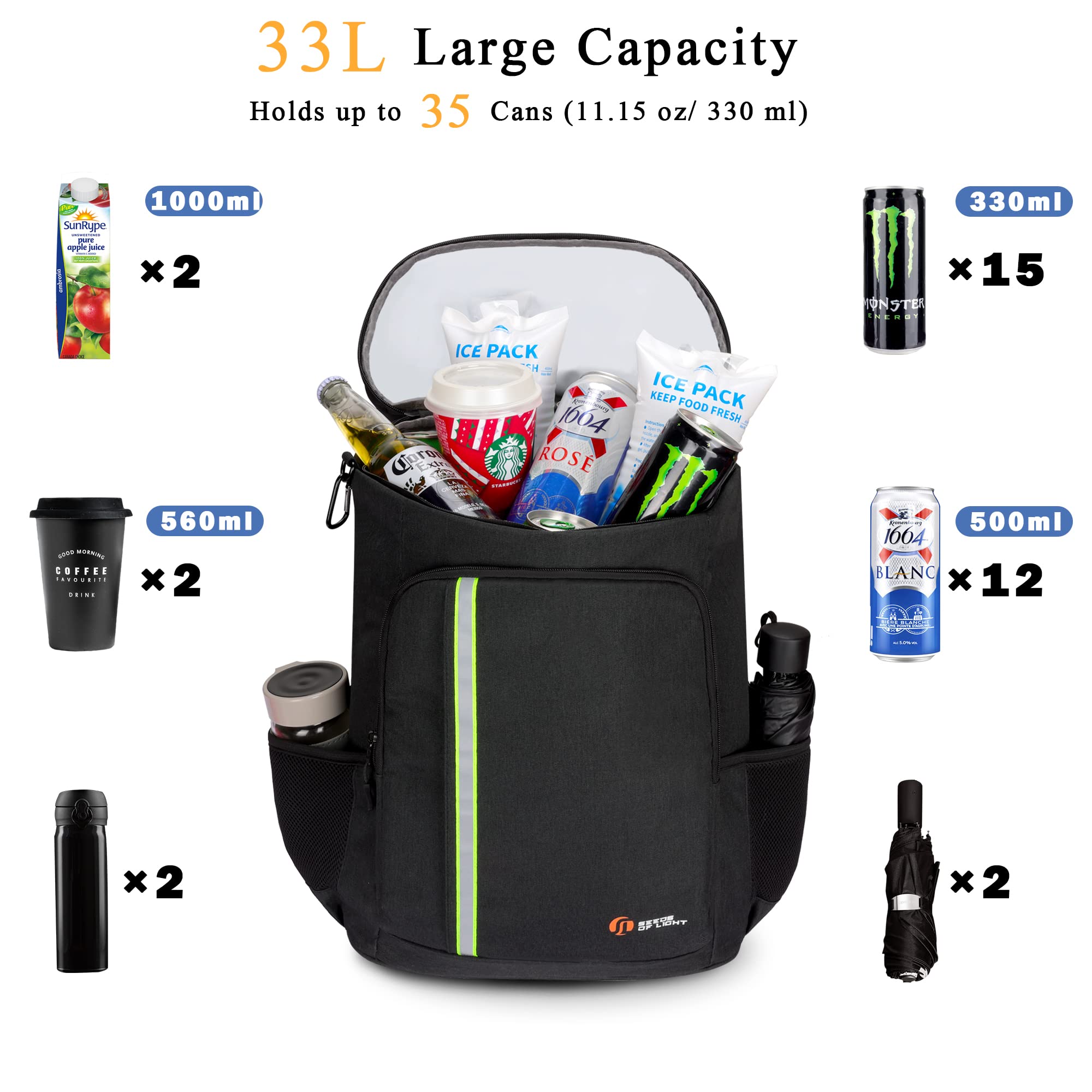 Seeds of Light Cooler Backpack 35 Cans Insulated Pack Leak Proof Large Capacity for Camping, Picnic, Hiking, Beach and Trips for Men Women