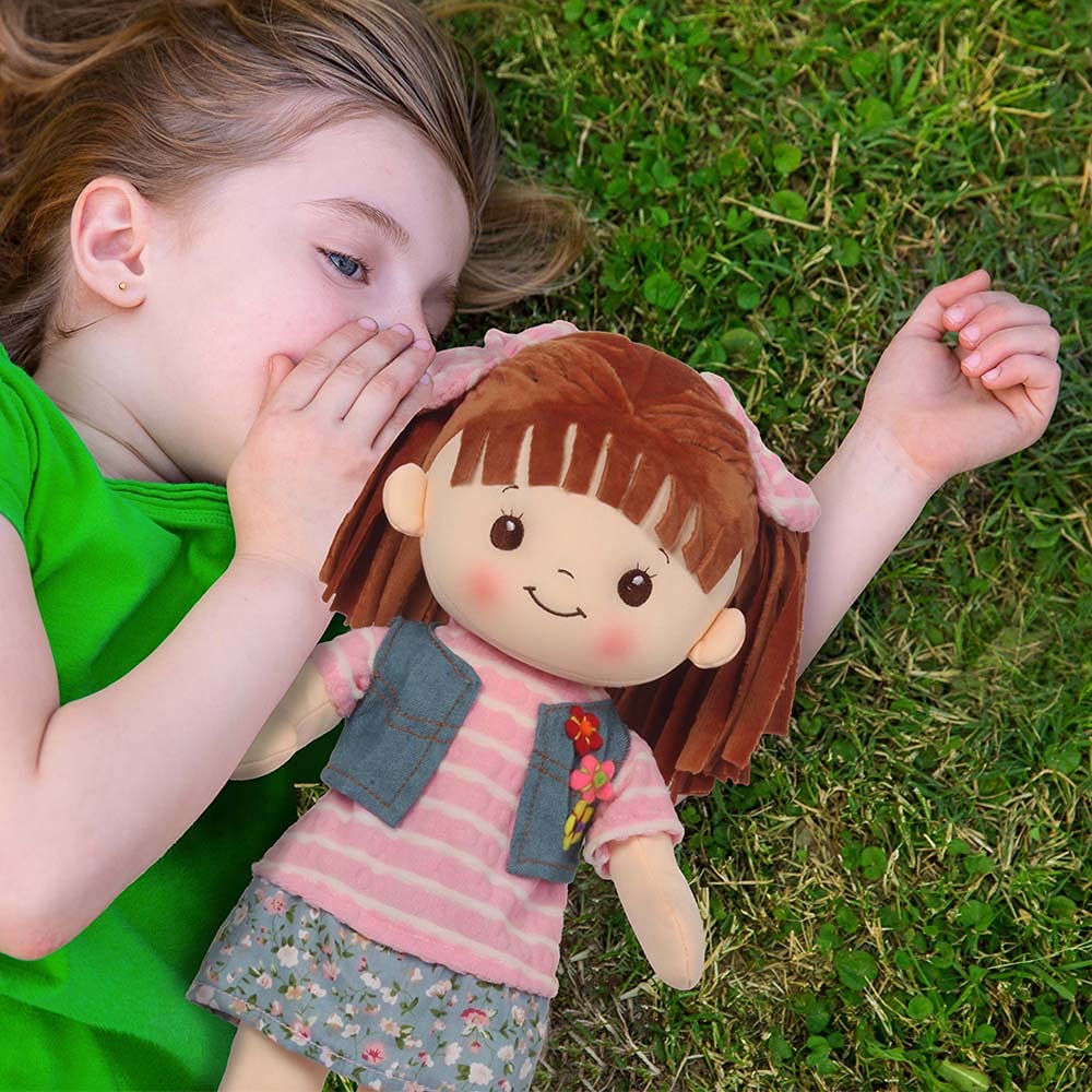 Linzy Toys, 16" Little Sweet Hearts Interactive Soft Plush RAG Doll, Embroidered FACE & Removable Clothes, Educational Doll, Muñecas de trapo para niña, First Doll for Kids (90958) , Floral