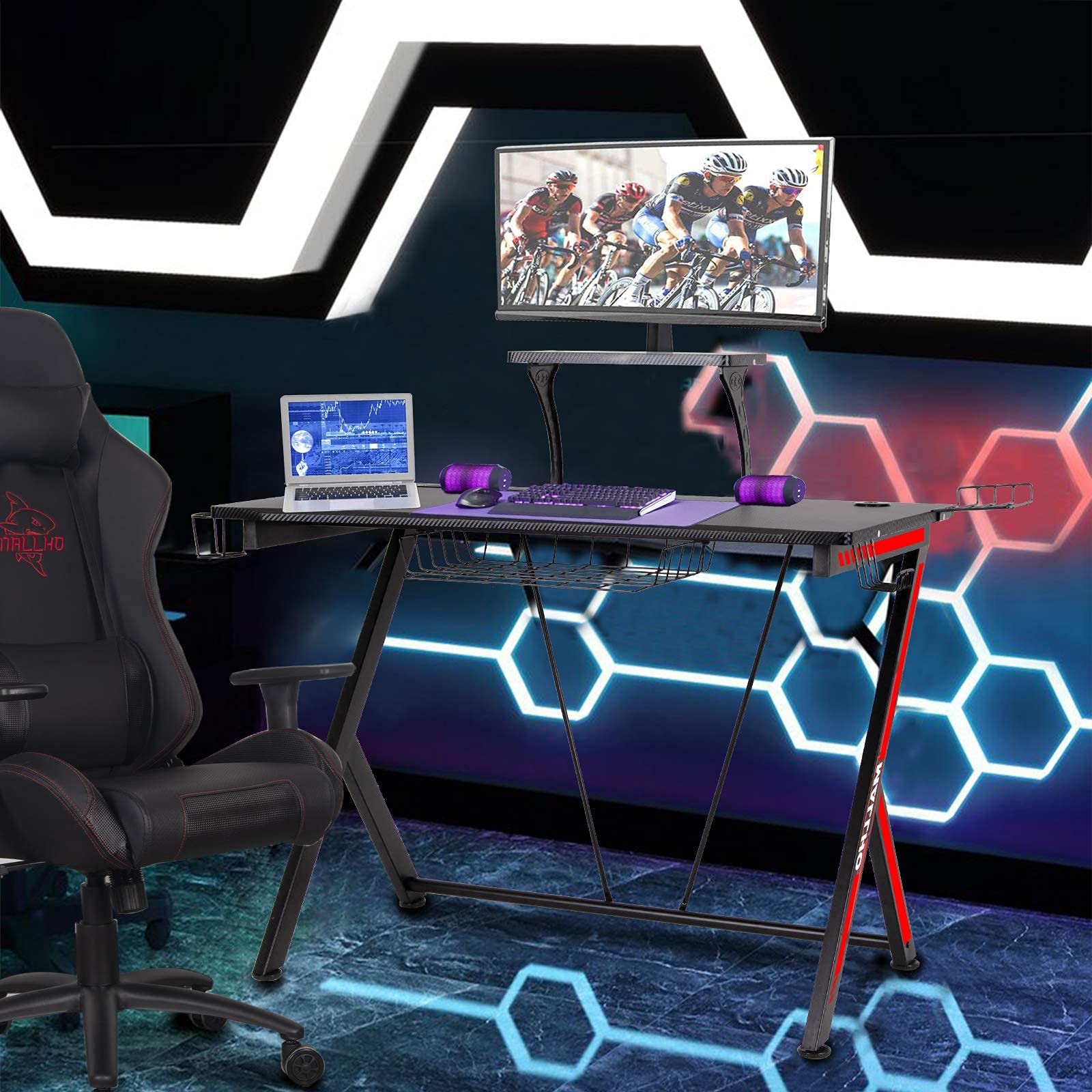 Polar Aurora Y-Shaped Gaming Desk 41.6" W x 24" D Home Office Computer Table, Black Gamer Workstation with Monitor Stand, a Cup and Headphone Hook, Cable Management Hole and a Under-Desk Basket(RED)