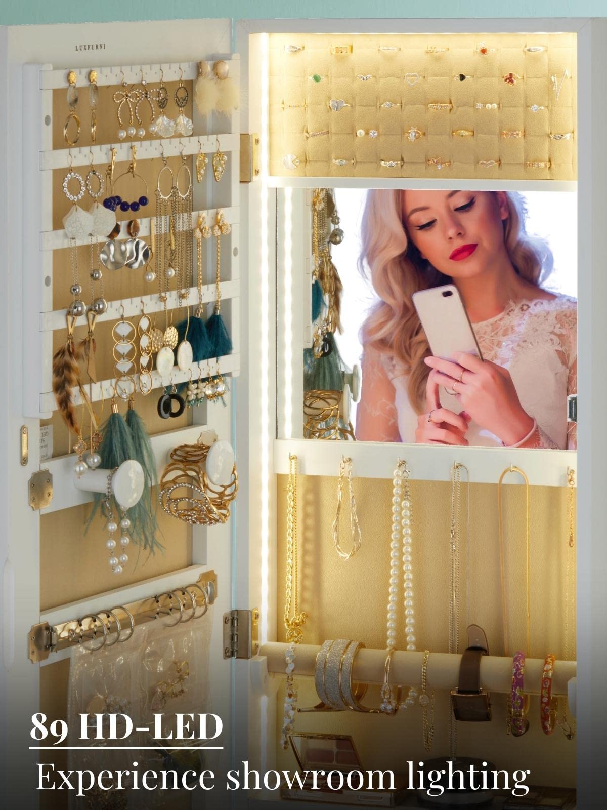 LUXFURNI Mirror with Storage, Jewelry Cabinet Armoire, Door/Wall Mounted LED Jewelry Organizer, Interior Mirror, Lockable, White